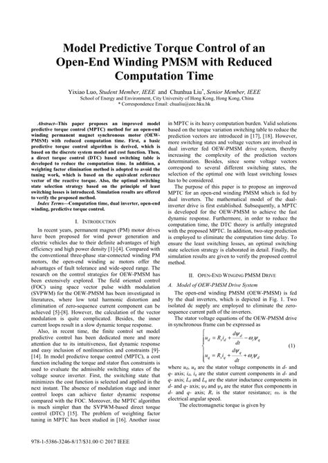 Pdf Model Predictive Torque Control Of An Open End Winding Pmsm With Reduced Computation Time