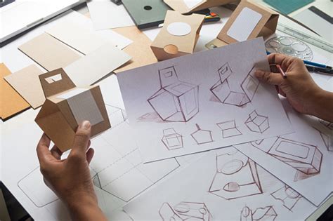 디자이너 스케치 드로잉 디자인 브라운 공예 판지 종이 제품 에코 포장 모형 상자 개발 템플릿 패키지 브랜딩 라벨 디자이너 스튜디오 개념 개념에 대한 스톡 사진 및 기타