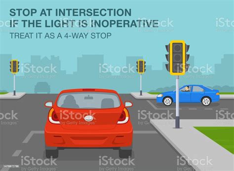 안전 운전 요령 및 교통 규제 규칙 신호등이 작동하지 않으면 교차로에서 정지하고 4 방향 정지로 취급하십시오 가까이 옴에 대한 스톡 벡터 아트 및 기타 이미지 Istock