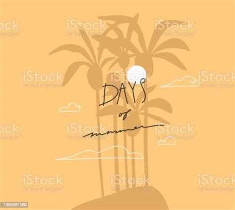 손으로 그린 벡터 추상 스톡 그래픽 여름 시간 만화 미니멀 일러스트 레이 션 장면 아름다운 열대 야자수 섬 실루엣과 노란색 배경에 고립 된 일몰 개체 그룹에 대한 스톡 벡터