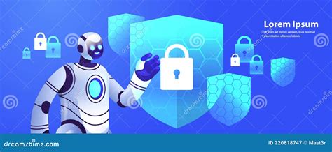 Modern Robot Cyborg With Protection Shield Cyber Security Data Protection Artificial