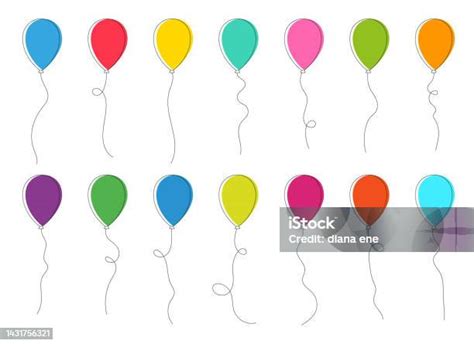 끈으로 묶인 색깔있는 파티 풍선 세트 만화 스타일의 벡터 일러스트 레이 션 공중에 대한 스톡 벡터 아트 및 기타 이미지 공중 공휴일 구 Istock