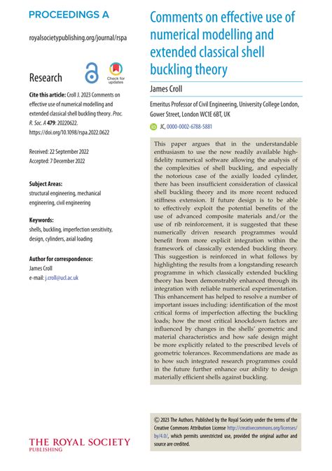 Pdf Comments On Effective Use Of Numerical Modelling And Extended Classical Shell Buckling Theory