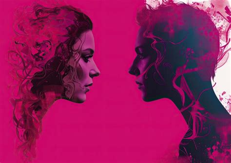 A Cover Design With People Looking At Each Other The Same Time In The Style Of Pink And Magenta