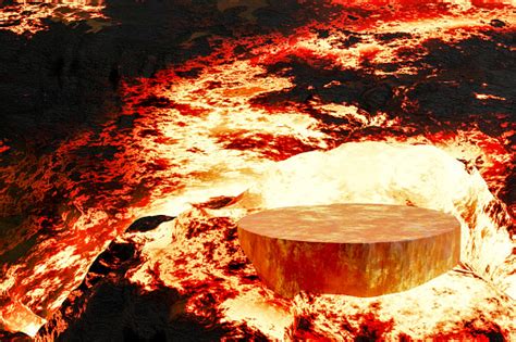 3d 렌더링 플랫폼 및 제품 전시를위한 마그마와 용암 분출 배경이있는 화산의 자연 연단 빈 쇼케이스 빈 둥근 무대가있는 모의 템플릿 또는 화장품 프리젠 테이션 0명에 대한