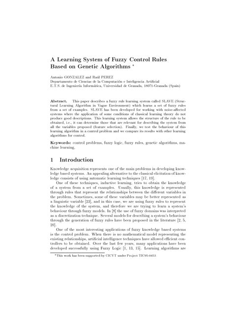 Pdf A Learning System Of Fuzzy Control Rules Based On Genetic Algorithms
