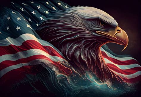 Wavy American Flag With An Eagle Symbolizing Strength And Freedom Generate Ai Stock