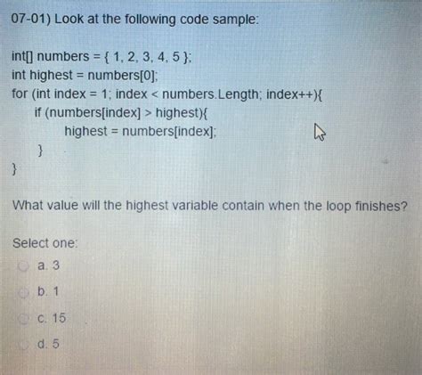 Solved 07 01 Look At The Following Code Sample 11 2 3