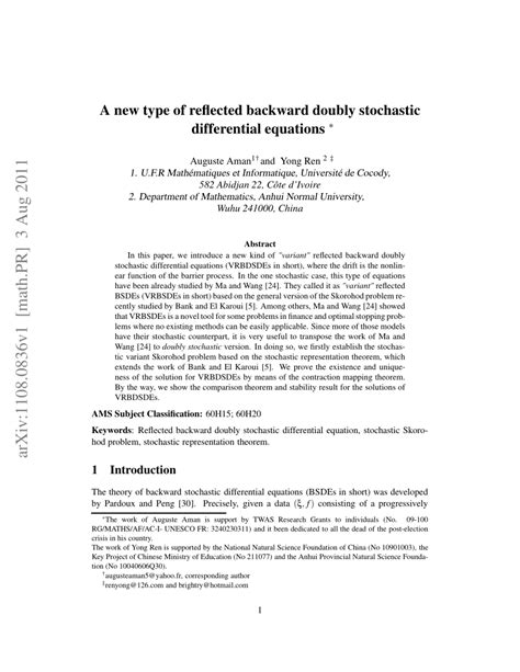 Pdf A New Type Of Reflected Backward Doubly Stochastic Differential