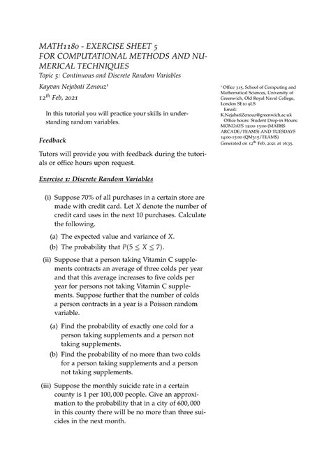 Exercises 5 Math 1180 Exercise Sheet 5 For Computational Methods