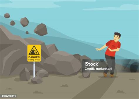 떨어지는 바위를 무서워하는 젊은 남성 캐릭터 산의 도로에서 산사태와 낙석 경고 기호 의미 가파른에 대한 스톡 벡터 아트 및 기타 이미지 Istock