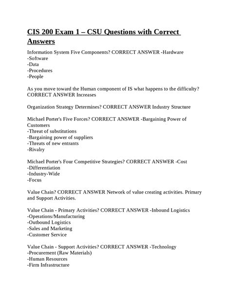 Cis 200 Exam 1 Csu Questions And Answers Information Systems Fundamentals Exams Computer