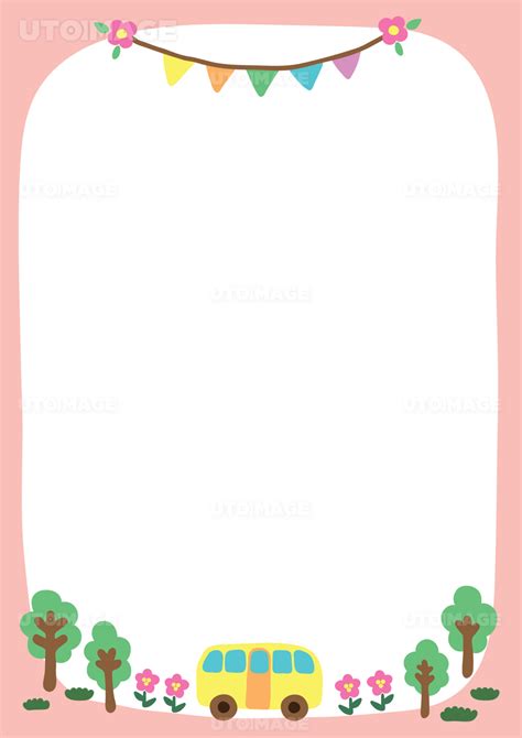 어린이집 유치원 가정통신문 공지사항 키즈노트 배경 A4용지 세로 버스 봄 꽃 나무 잔디 파티플래그 가랜드 손그림 일러스트 삽화 바탕 템플릿 벡터 Eps 유토이미지