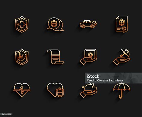 방패 돼지 저금통 손 우산 문서 및 안전 아이콘으로 라인 생명 보험을 설정합니다 벡터 개념에 대한 스톡 벡터 아트 및 기타 이미지 Istock