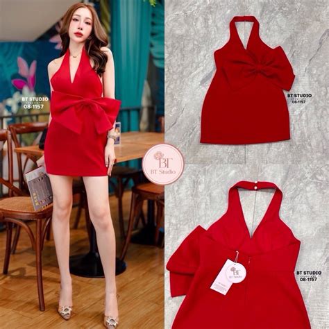 ชุดเดรสสั้นสีแดง ชุดเซ็กซี่ Code 08 1157 ชุดสีแดง งานป้ายbt Shopee