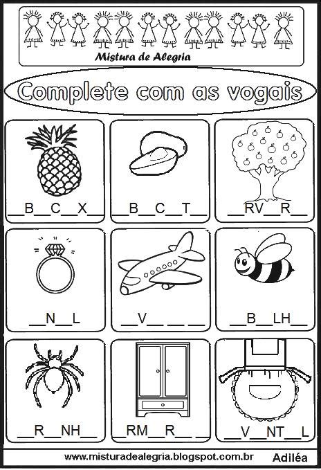 ATIVIDADES PARA COMPLETAR AS VOGAIS DESENHOS EM ORDEM ALFABÉTICA