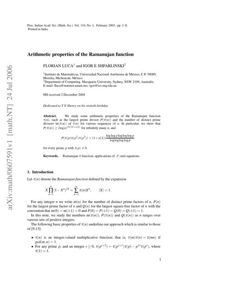 Pdf Arithmetic Properties Of The Ramanujan Function