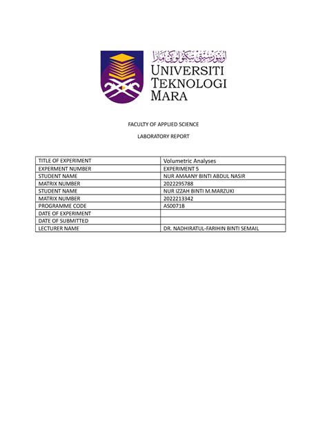 Lab Report 5 FACULTY OF APPLIED SCIENCE LABORATORY REPORT TITLE OF EXPERIMENT Volumetric