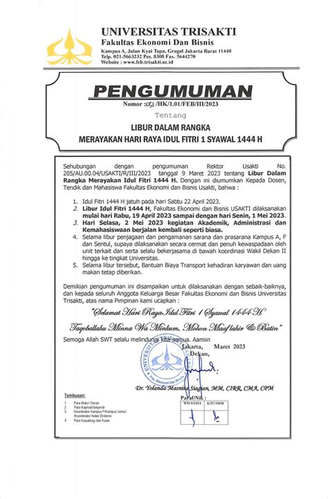 Pengumuman Libur Dalam Rangka Merayakan Idul Fitri 1444 H Prodi S1