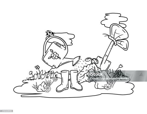 봄 자연을 가진 아이들을 위한 색칠 공부 물뿌리개 고무 장화 정원 가꾸기 작업 흑백 벡터 이미지 색칠하기에 대한 스톡 벡터 아트