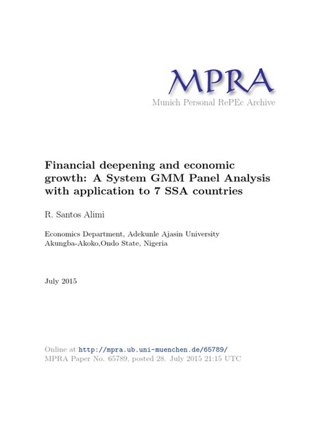 System Gmm Model Financial Deepening And Economic Growth Pdf