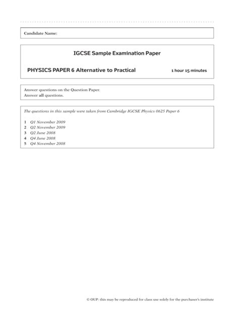 Igcse Sample Examination Paper Physics Paper 6 Alternative