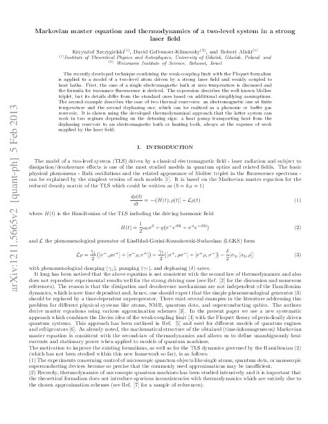 Pdf Markovian Master Equation And Thermodynamics Of A Two Level System In A Strong Laser Field