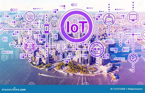 IoT Theme With Aerial View Of Manhattan Stock Photo Image Of Scene Technology