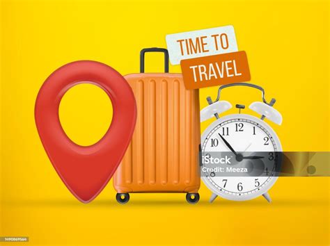 여행 시간 배너입니다 여행 가방 위치 핀 노란색 배경 벽지에 알람 시계가 있는 여행 배너 0명에 대한 스톡 사진 및 기타 이미지 Istock