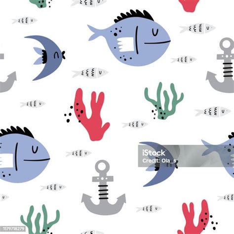 귀여운 물고기 앵커와 산호와 해양 벡터 원활한 패턴 낙서 스타일 손으로 그린 디자인용 아이템 0명에 대한 스톡 벡터 아트 및 기타 이미지 Istock