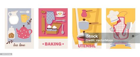 요리 카드 벡터 일러스트 레이 션 티 제빵 기구 환영 쿠 킹 클래스 티 파티 초대 Fot입니다 차 남 비 차 컵 케이크 쿠키 잎