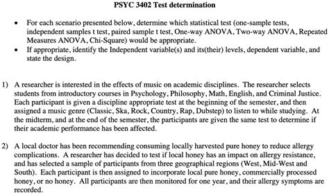 Solved Psyc 3402 Test Determination For Each Scenario Presented Below Determine Which