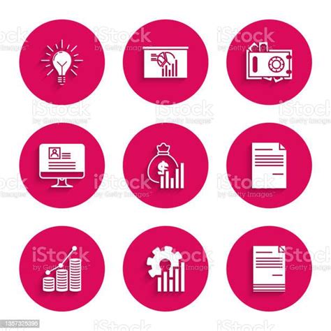 설정 머니 백 및 다이어그램 그래프 원형 차트 인포 그래픽 문서 동전 이력서와 컴퓨터 모니터 안전한 돈과 빛 전구 광선 아이디어 아이콘의 개념을 빛난다 벡터 가방에 대한