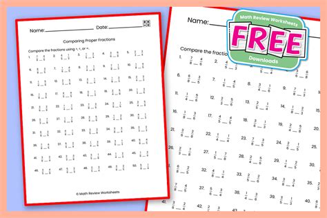 Comparing Proper Fractions Math Review Worksheets