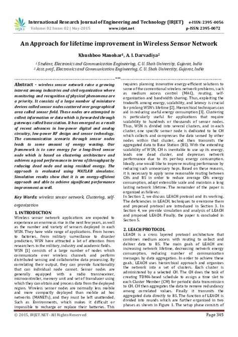 Pdf Irjet An Approach For Lifetime Improvement In Wireless Sensor Network Irjet Journal
