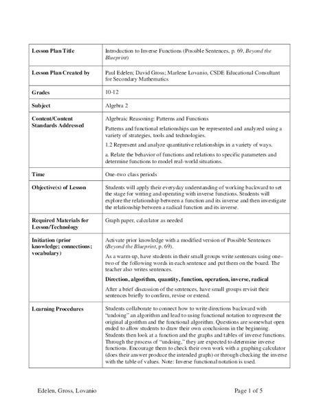 introduction to inverse functions lesson plan for 10th 12th grade