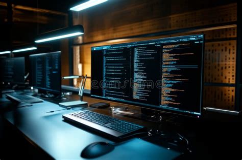 Coding Workspace With Multiple Monitors Displaying Programming Languages And Data Analysis In A