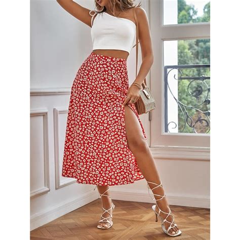 Skirts 2 Piece Set White Tie Shoulder Crop Top Red Floral Split Thigh
