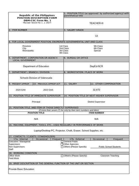 Dbm Csc Form No 1 Position Description Form Pdf Business