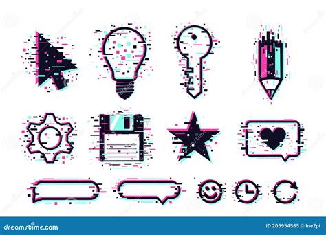 Web Icons Set User Interface Symbols Glitch Style GUI Elements Isolated On White Vector