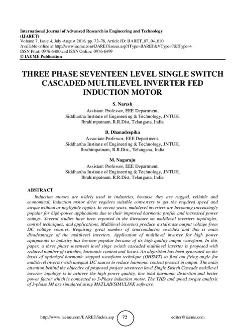 Pdf Three Phase Seventeen Level Single Switch Cascaded Multilevel Inverter Fed Induction Motor