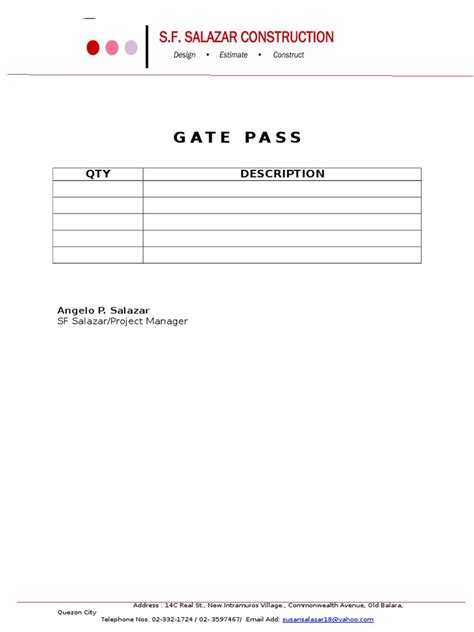 Gate Pass Format Pdf