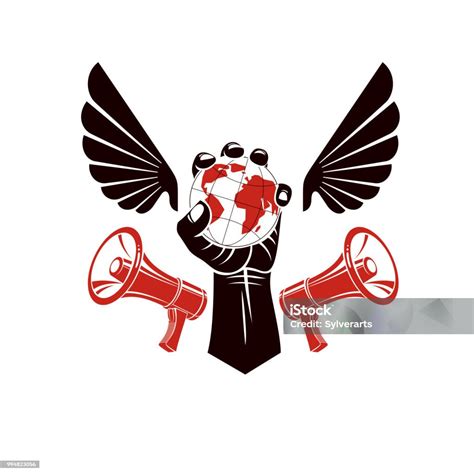 엠 블 럼 장식 벡터 글로브 자유 날개 및 메가 근육 제기 쥔된 주먹으로 구성 정치 그리고 주의의 구성 요소로 권위입니다