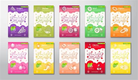호두 과일 및 베리 요구르트 라벨 템플릿 세트 터 유제품 패키지 디자인 레이아웃 컬렉션 프리미엄 벡터