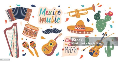 멕시코 악기 세트 마라카스 기타론 아코디언 트럼펫 하프 드럼 바이올린 벡터 5명에 대한 스톡 벡터 아트 및 기타 이미지 5명 5월 국가 관광명소 Istock