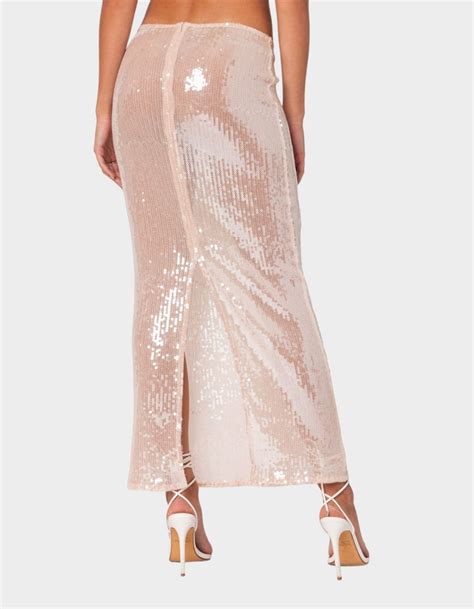 Edikted Riki Sheer Sequin Maxi Skirt Light Pink Tillys