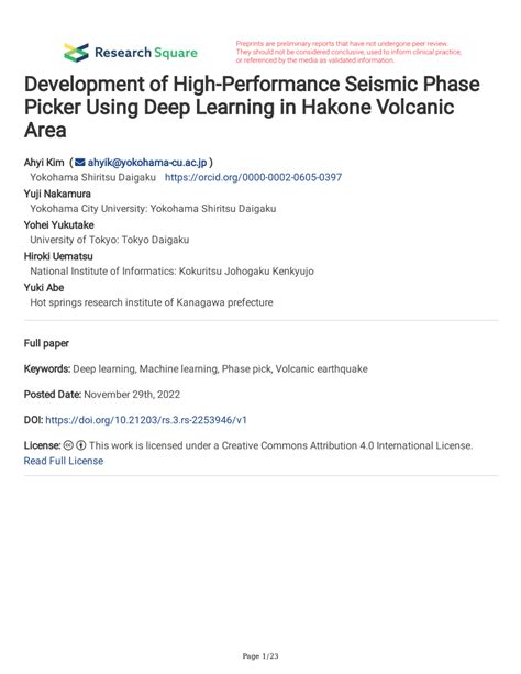 Pdf Development Of High Performance Seismic Phase Picker Using Deep Learning In Hakone