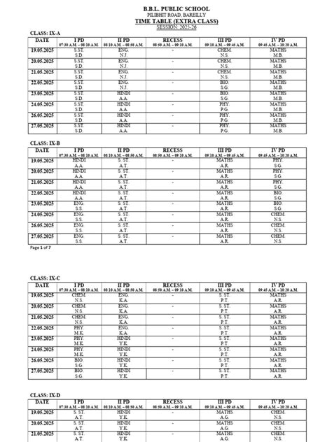Time Table Extra Class Pdf