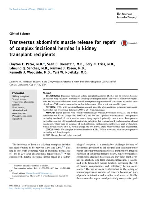 Pdf Posterior Component Separation And Transversus Abdominis Muscle Release For Repair Of