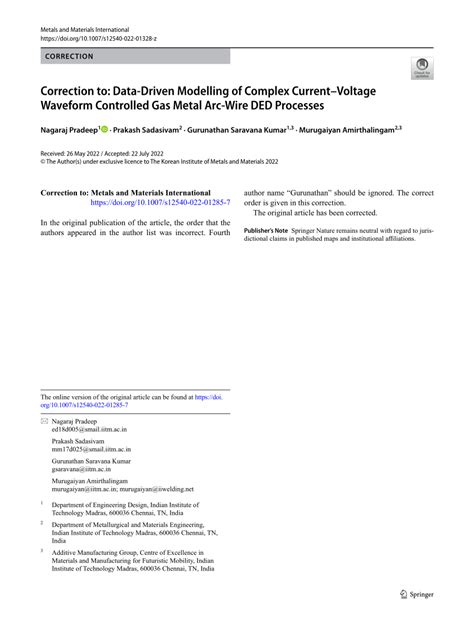 PDF Correction To DataDriven Modelling Of Complex CurrentVoltage Waveform Controlled Gas